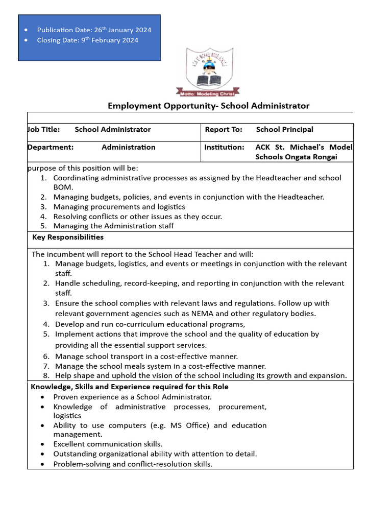 Vacancy - School Administrator (Refreshed) | PDF | Logistics | Employment