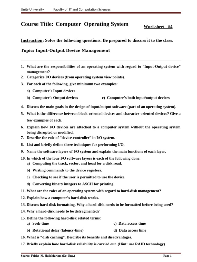 OS__Worksheet_4(Input-Output Mgmt) | PDF | Input/Output | Operating System