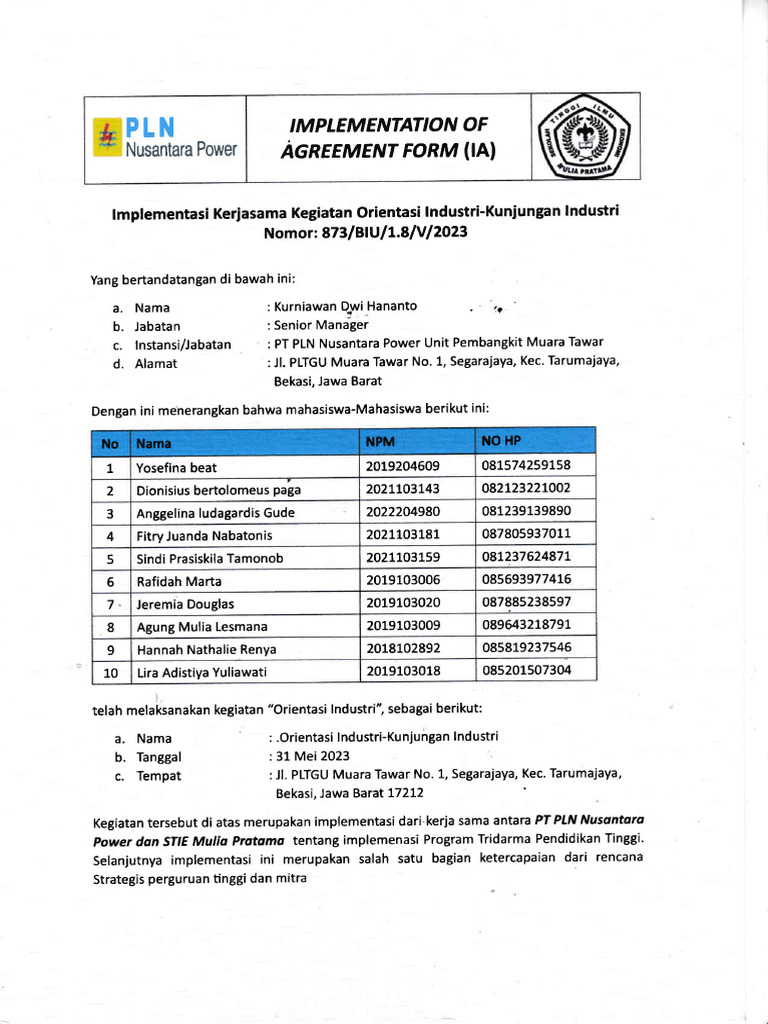 Impementation of Agreement Form PLN (31 Mei 2023) | PDF