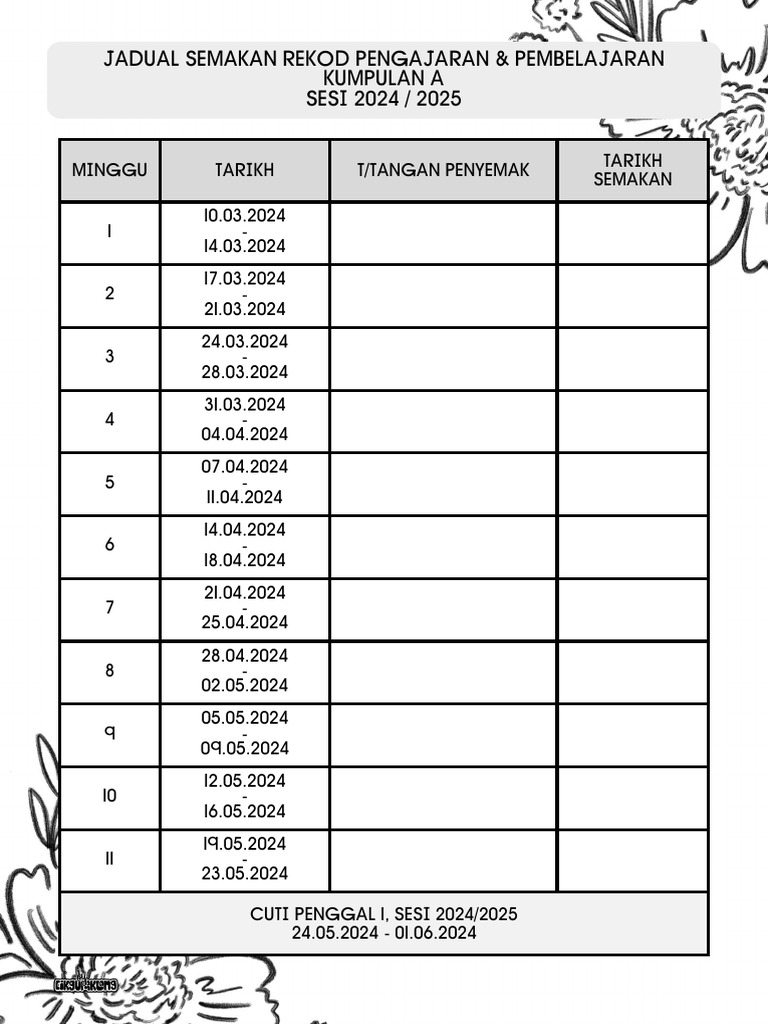 Jadual Semakan Buku Rekod Mengajar 2024 2025 Kump A B&W | PDF