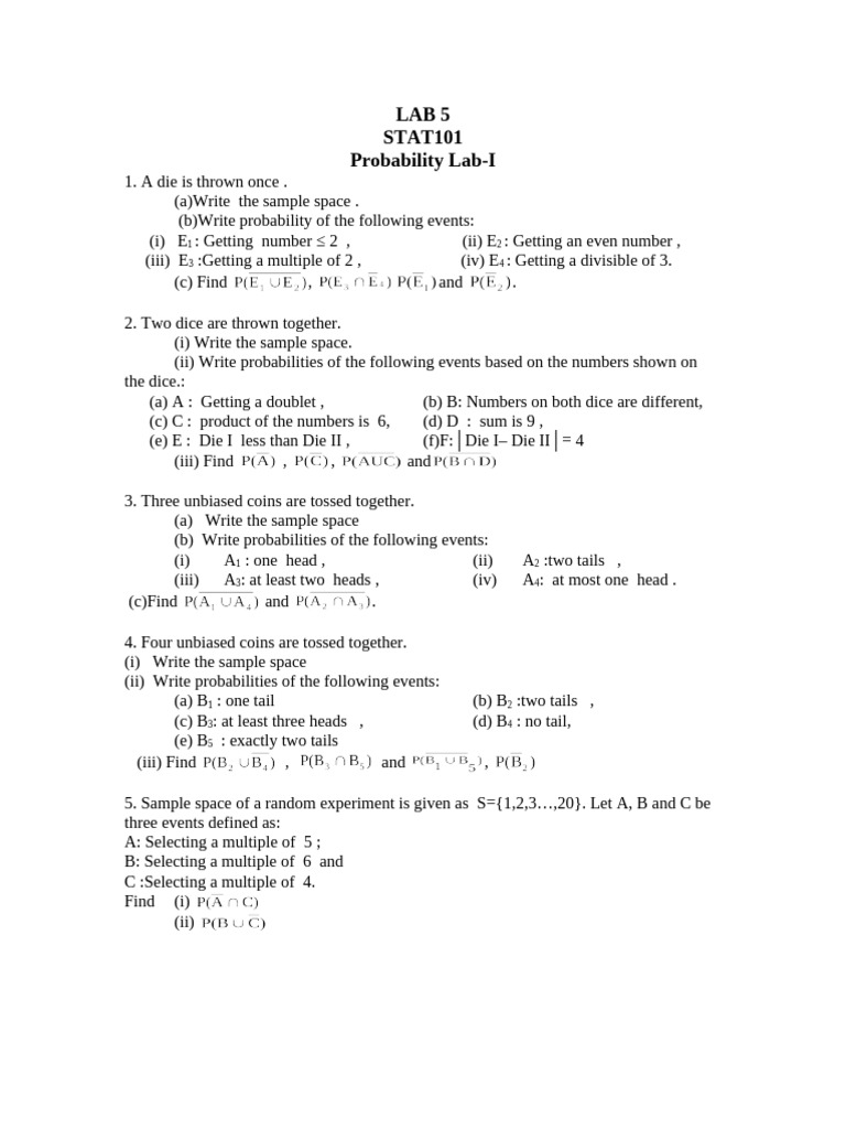 Lab 5-Probability Lab - STAT101-LAB I | PDF