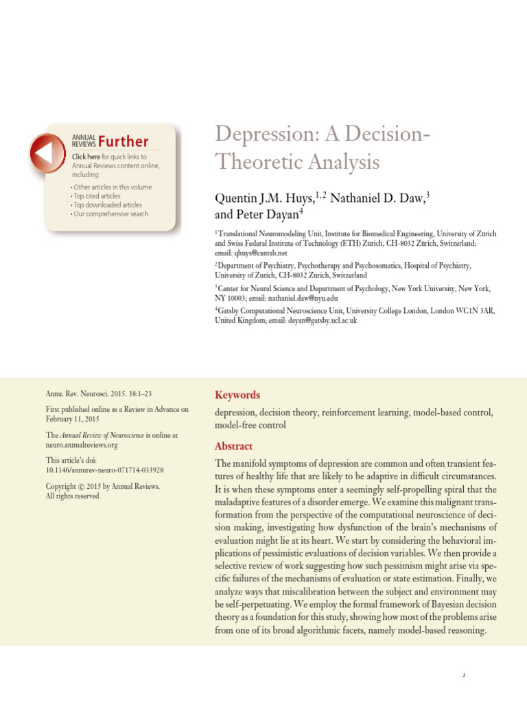 Depression A Decision Theoretic Analysis | PDF | Major Depressive ...