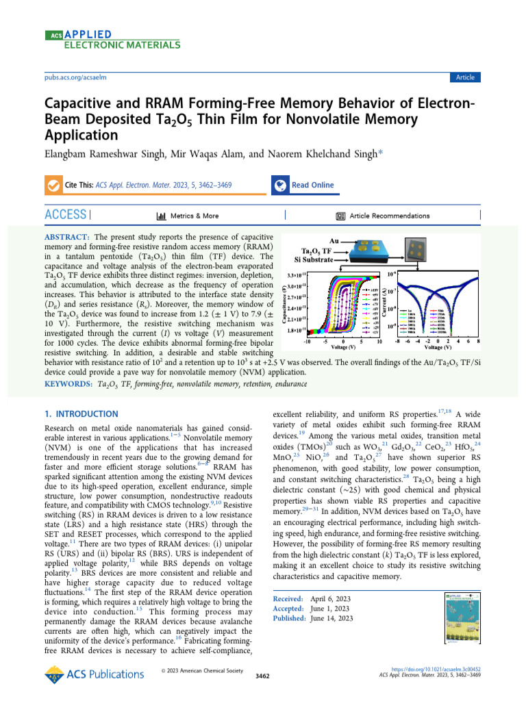 Singh Et Al 2023 Capacitive and Rram Forming Free Memory Behavior of ...