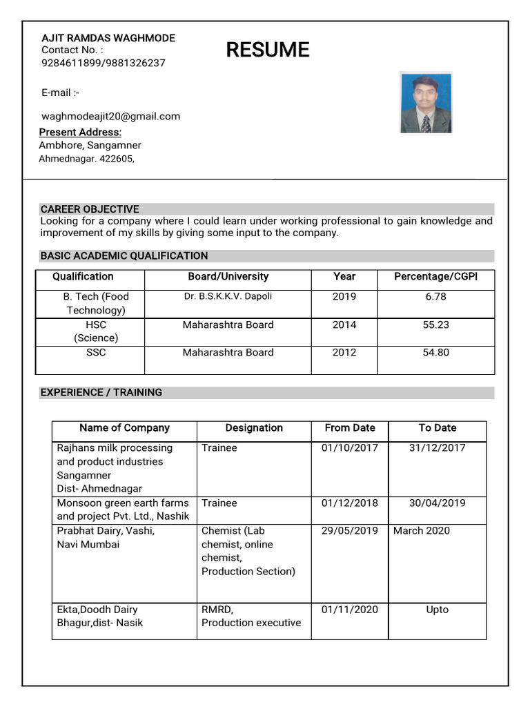 Ajit Waghmode Resume 2024 | PDF | Milk