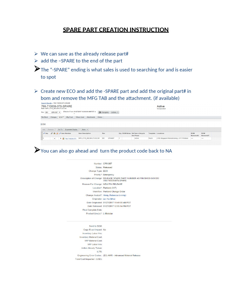 SPARE PART CREATION INSTRUCTION 1 | PDF