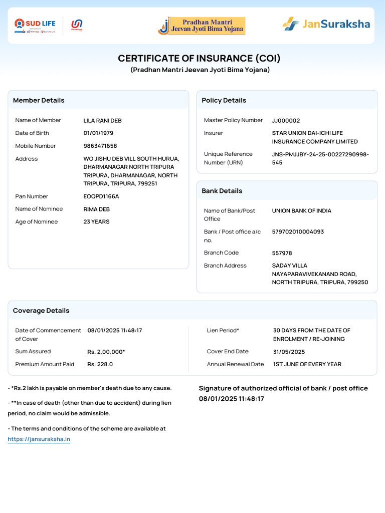 Certificate of Insurance JNS PMJJBY 24-25-00227290998 545 | PDF ...