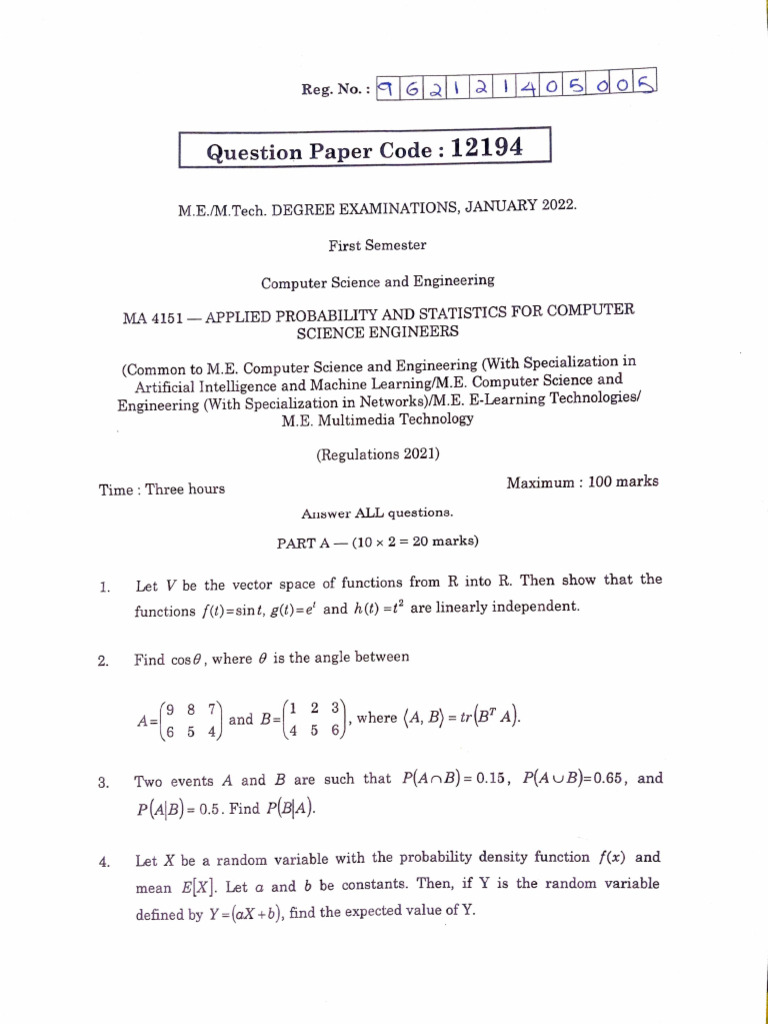Question paper | PDF | Random Variable | Probability Density Function