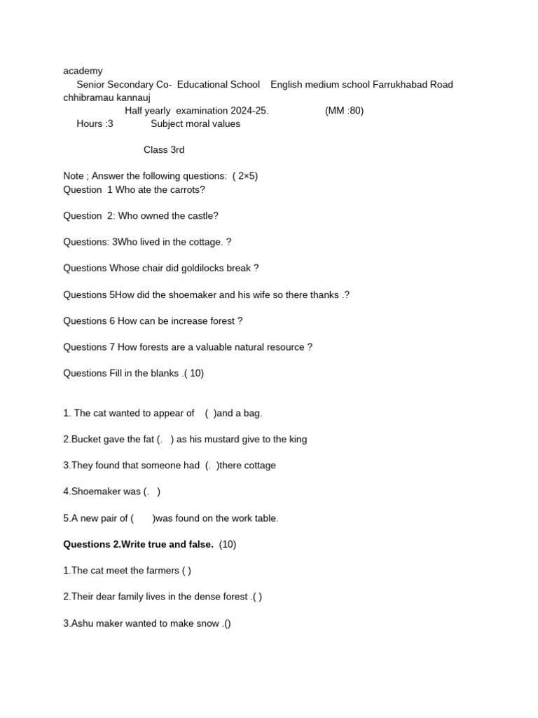 Half Yearly 3rd Class Moral Values | PDF