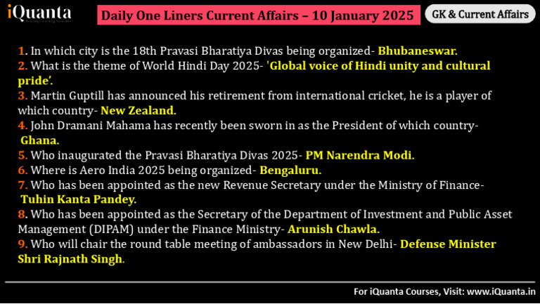 Daily One Liners Current Affairs - 10 January 2025 | PDF