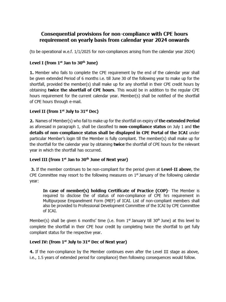 ICAI CPE Non-Compliance Guidelines 2024 | PDF | Regulatory Compliance ...