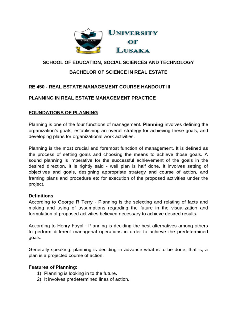 Planning in Real Estate Management Practice | PDF | Goal | Policy