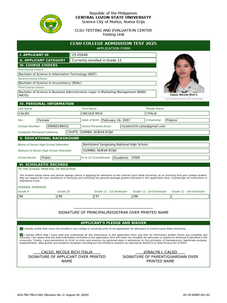 2025 CLSU College Admission Test - Application Form and Test Permit | PDF