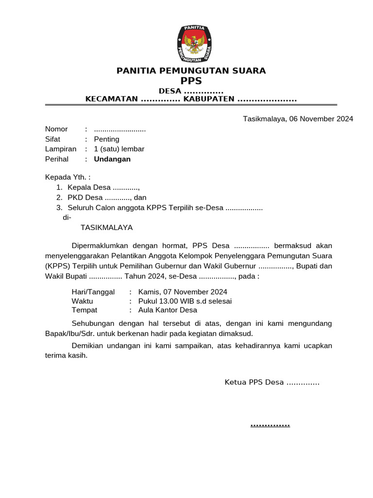 Undangan Pelantikan KPPS Pilkada 2024 | PDF
