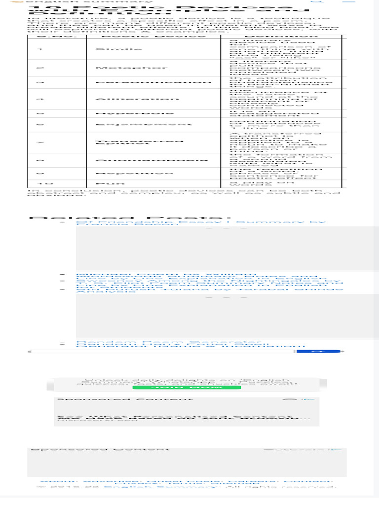 10 Poetic Devices With Examples and Definition - English Summary | PDF ...