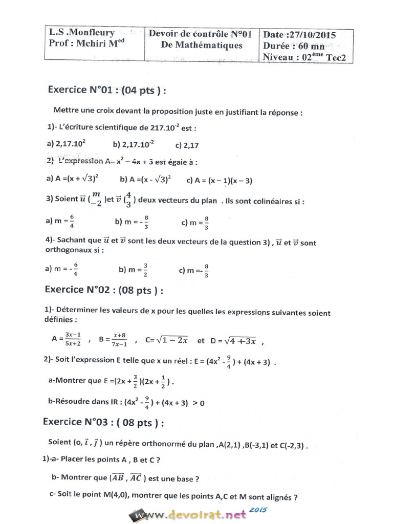 Devoir de Contrôle N°1 - Math - 2ème Informatique (2015-2016) MR Mchiri ...