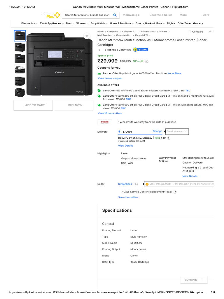 Canon MF275dw Multi-Function WiFi Monochrome Laser Printer - Canon | PDF | Printer (Computing ...