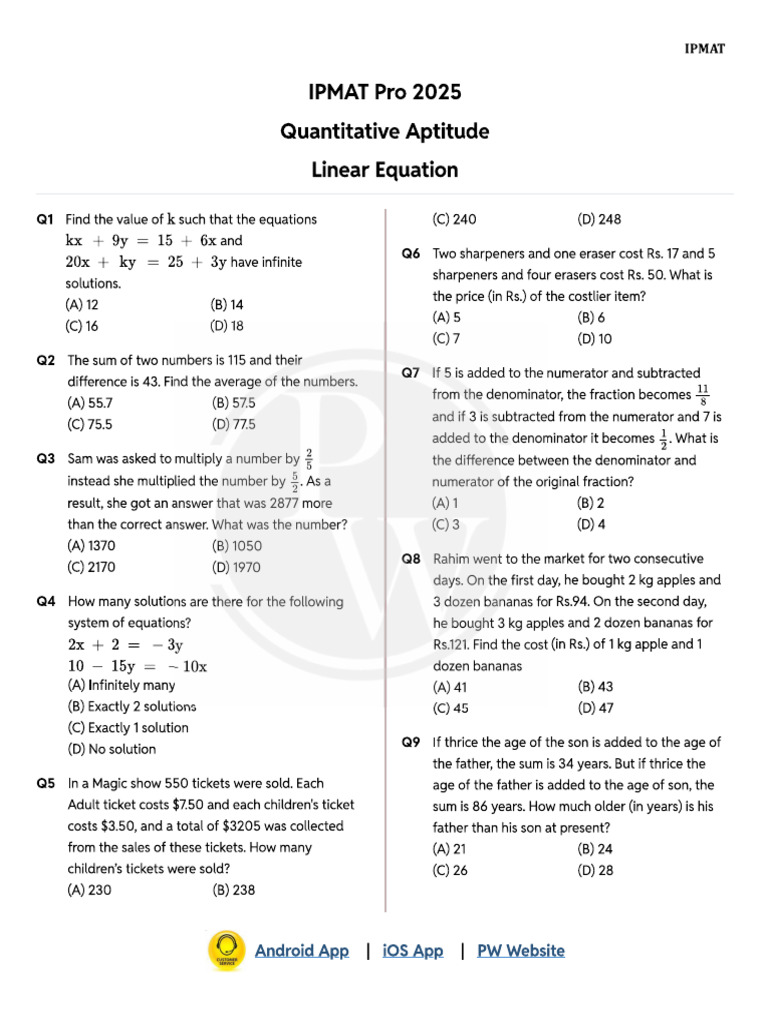 Algebra - DPP 02 - IPMAT Pro 2025 | PDF