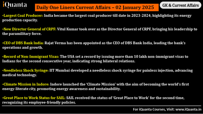 Daily One Liners Current Affairs - 02 January 2025 | PDF