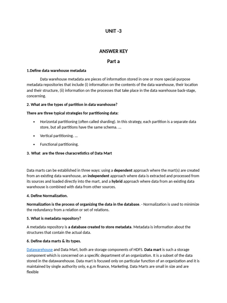 Unit 3 Answer Key Data Warehouse | PDF | Data Warehouse | Data Management