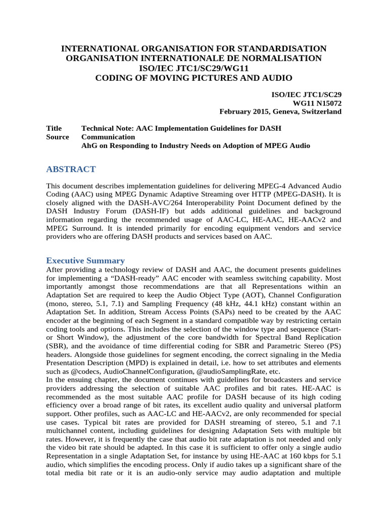 w15072 Technical Note AAC DASH ImplementationGuidelines | PDF | Codec | International ...