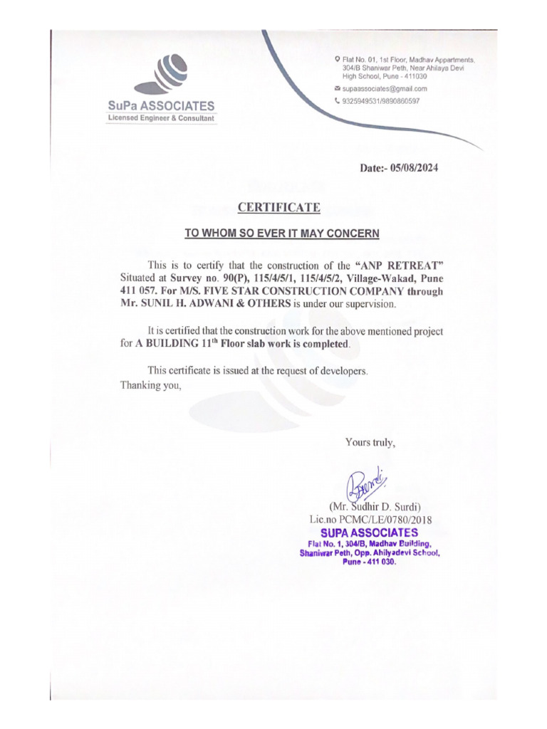 A BLDG Architect Certificate of 11th Floor Slab Completed | PDF