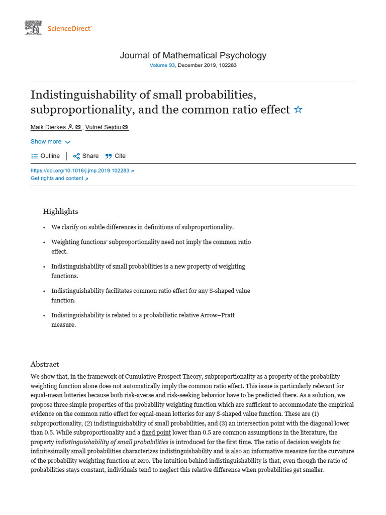 Indistinguishability of Small Probabilities, Subproportionality, and ...
