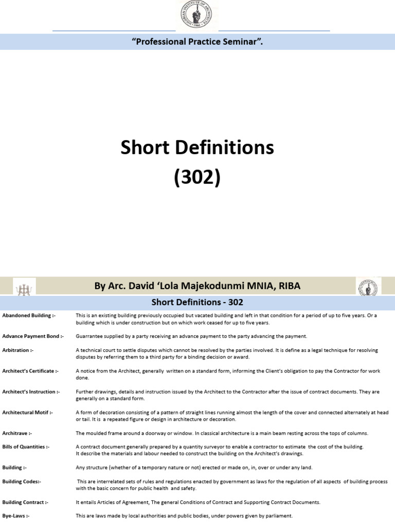 NIA PPS Short Definitions | PDF | Architect | Tort