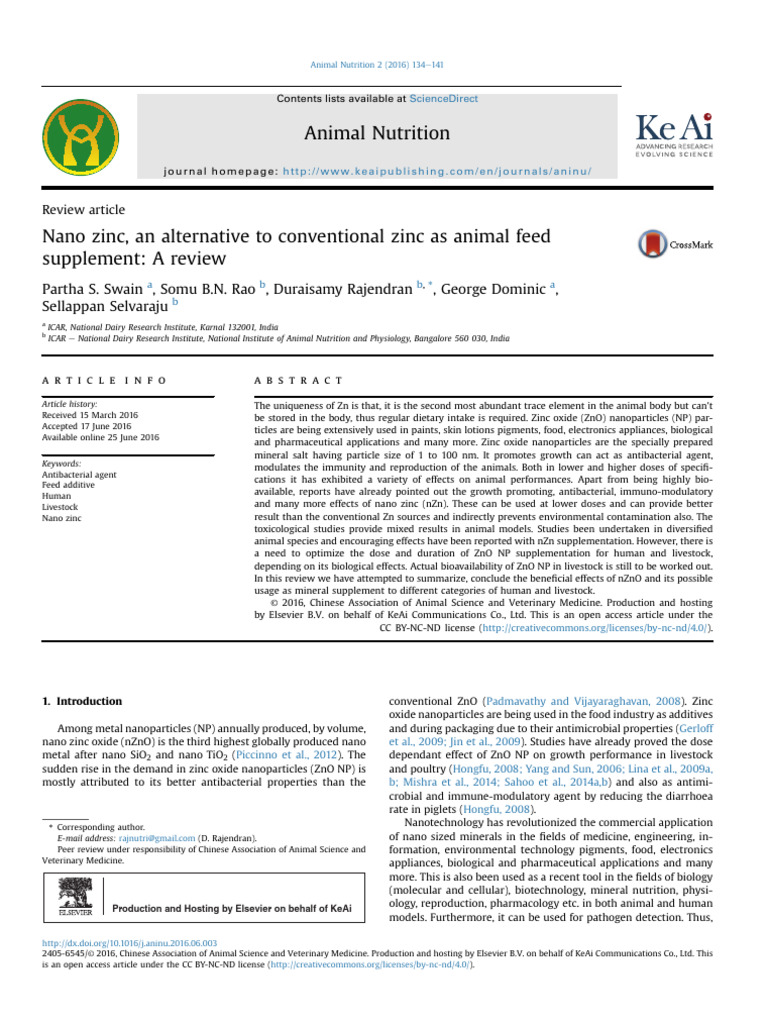 Nano Zinc Animal Feed A Review - 2016 | PDF | Zinc Oxide | Zinc