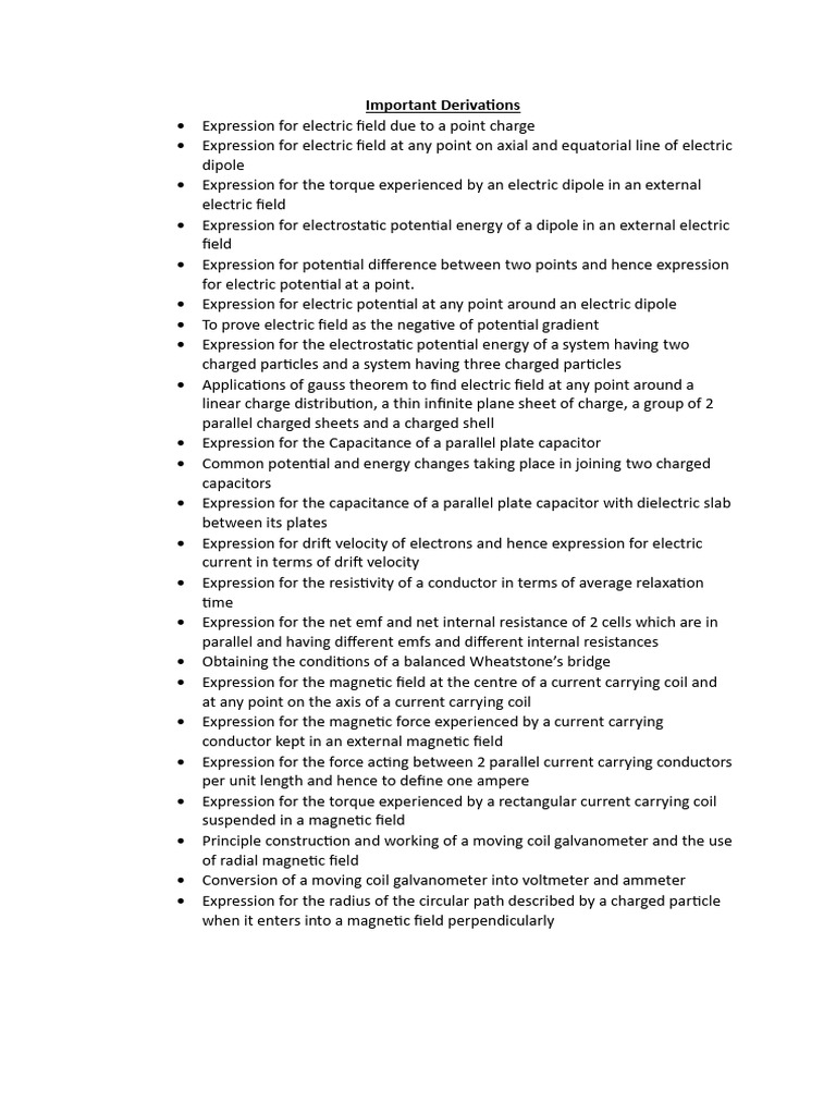 Important Derivations | PDF | Magnetic Field | Capacitance