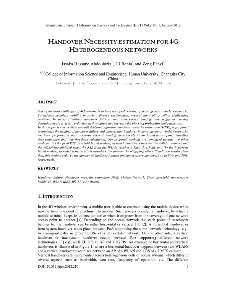Handover Necessity Estimation For 4G Heterogeneous Networks | PDF | Wireless | Mobile Technology