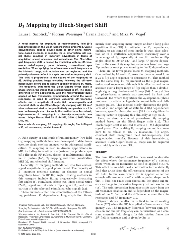 Laura I. Sacolick - B1 Mapping by Bloch-Siegert Shift | PDF | Nuclear ...