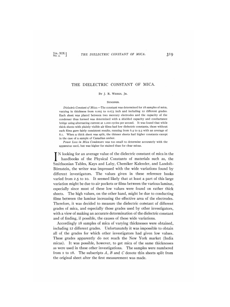 J, R. Weeks, Jr. - The Dielectric Constant of Mica. | PDF | Capacitor | Electricity