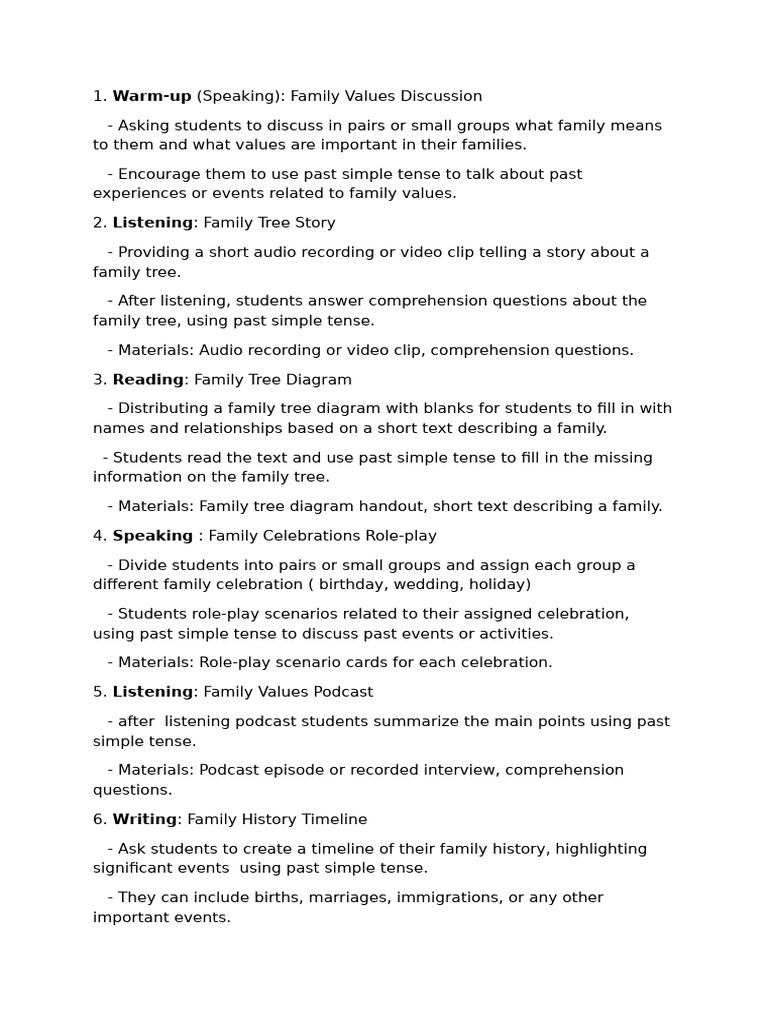 Activity For Lesson Plan Family Values | PDF