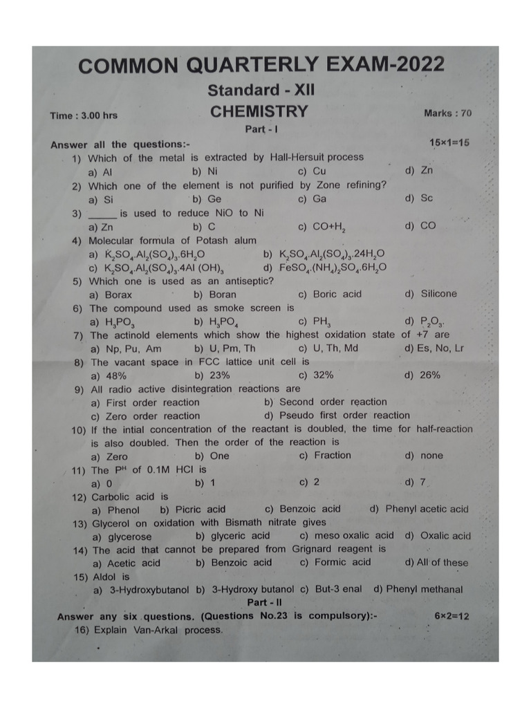 12th Chemsitry EM Original Question Paper To Quarterly Exam 2022 English Medium PDF Download | PDF
