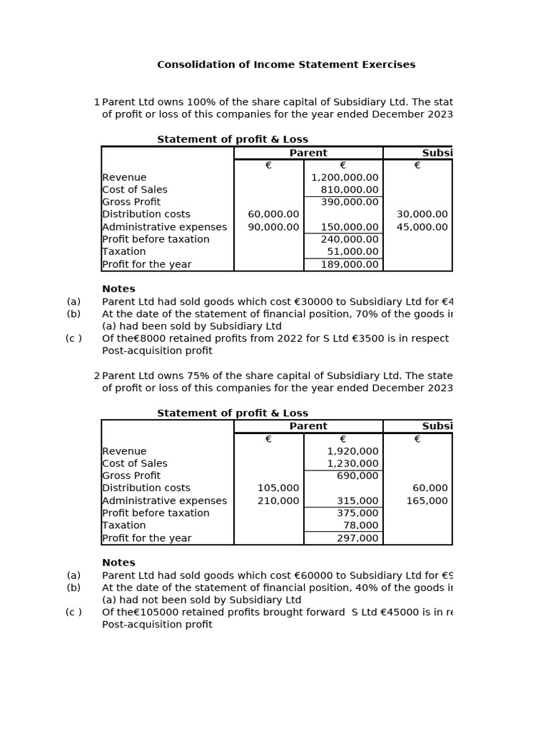 Income Statement Consolidation Exercises | PDF | Income Statement ...