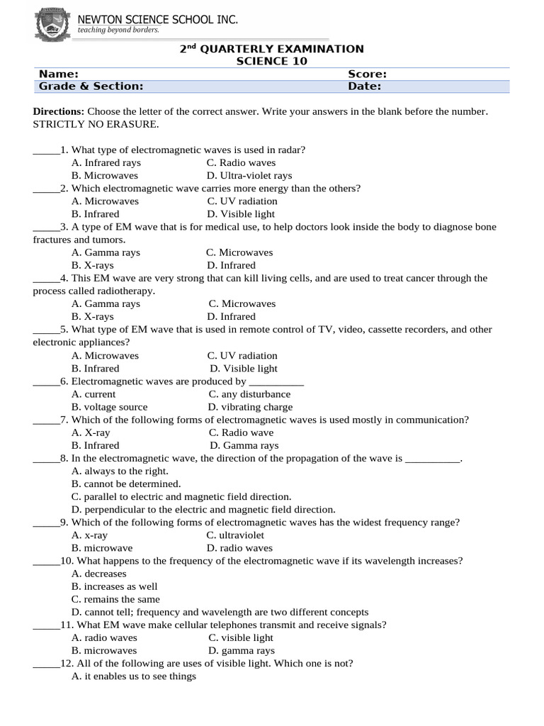 Science 10: 2nd Quarter Exam Review | PDF