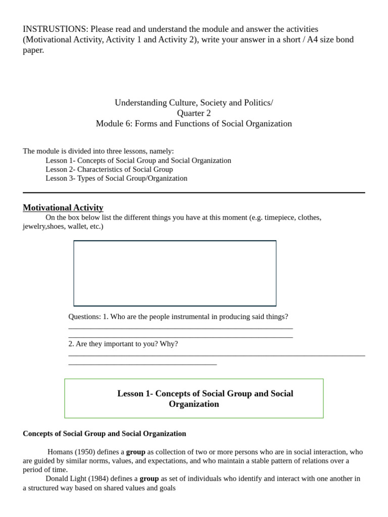 Module 6 and Acitivity Sheets - UCSP | PDF | Social Group | Liberal Arts Education
