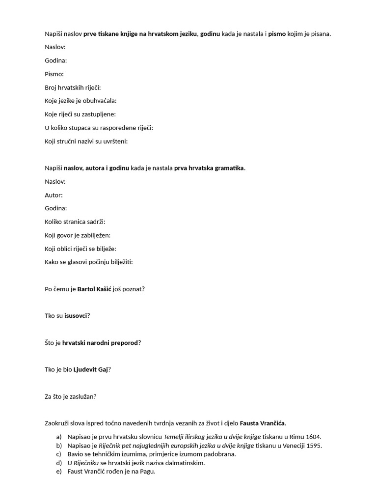 Povijest Književnosti 7. Razred - Pitanja | PDF