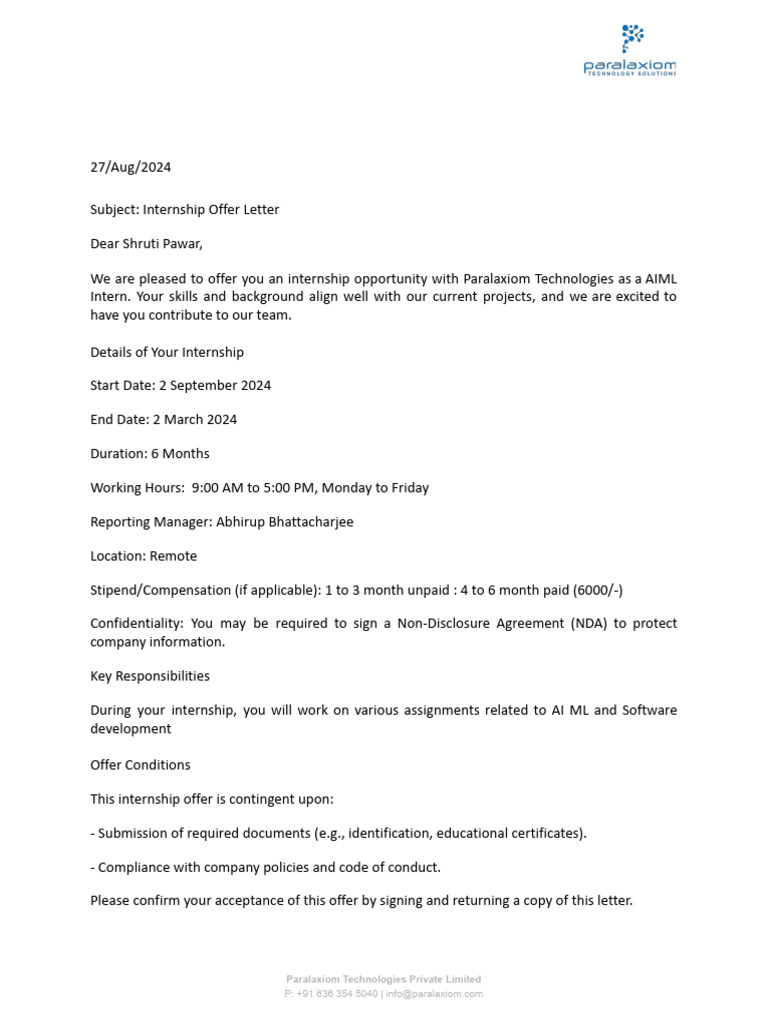 Shruti Internship Offer Letter | PDF