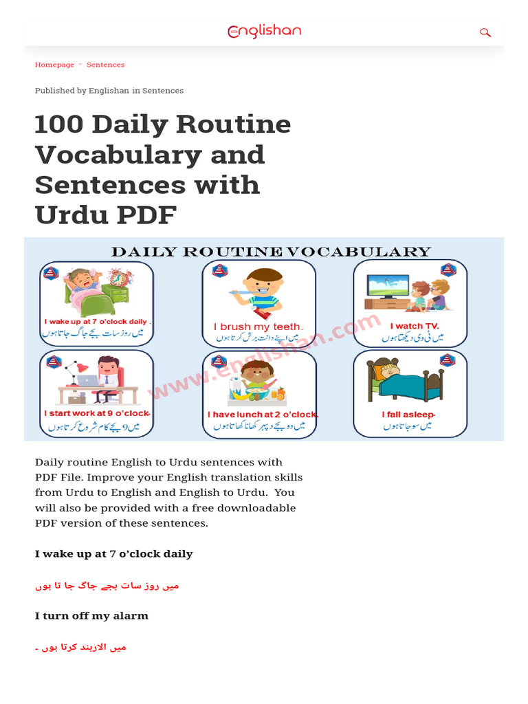 Daily Routine Sentences in Urdu | PDF | English Language | Urdu