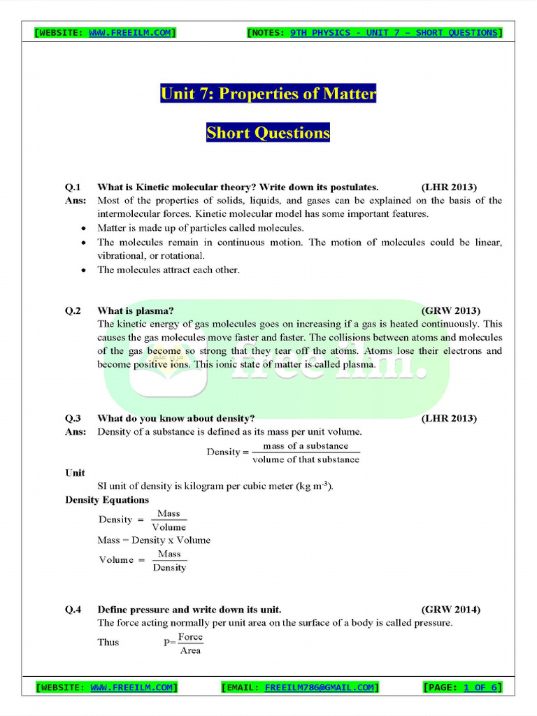 9th Phy CH 7 Short Q-1 | PDF
