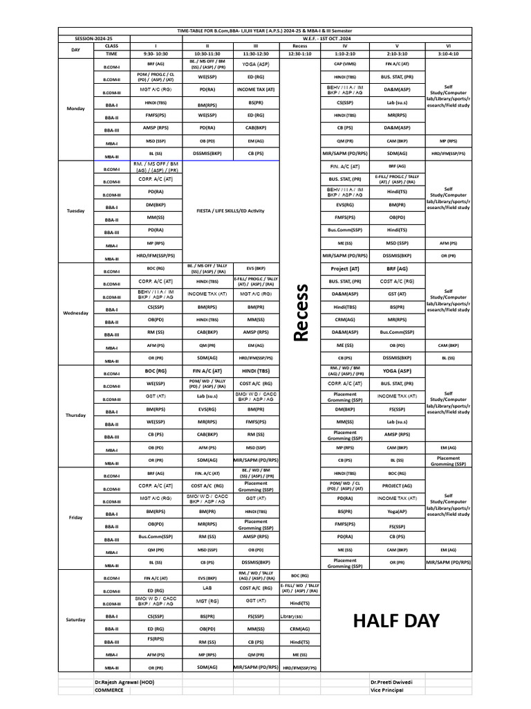 Time Table Mba, Bba & B.com 2024 - Google Sheets | PDF