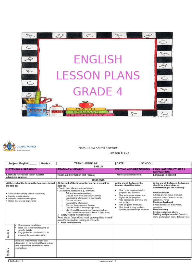Grade 4 English Lesson Plans Term 1 | PDF | Vocabulary | Reading ...
