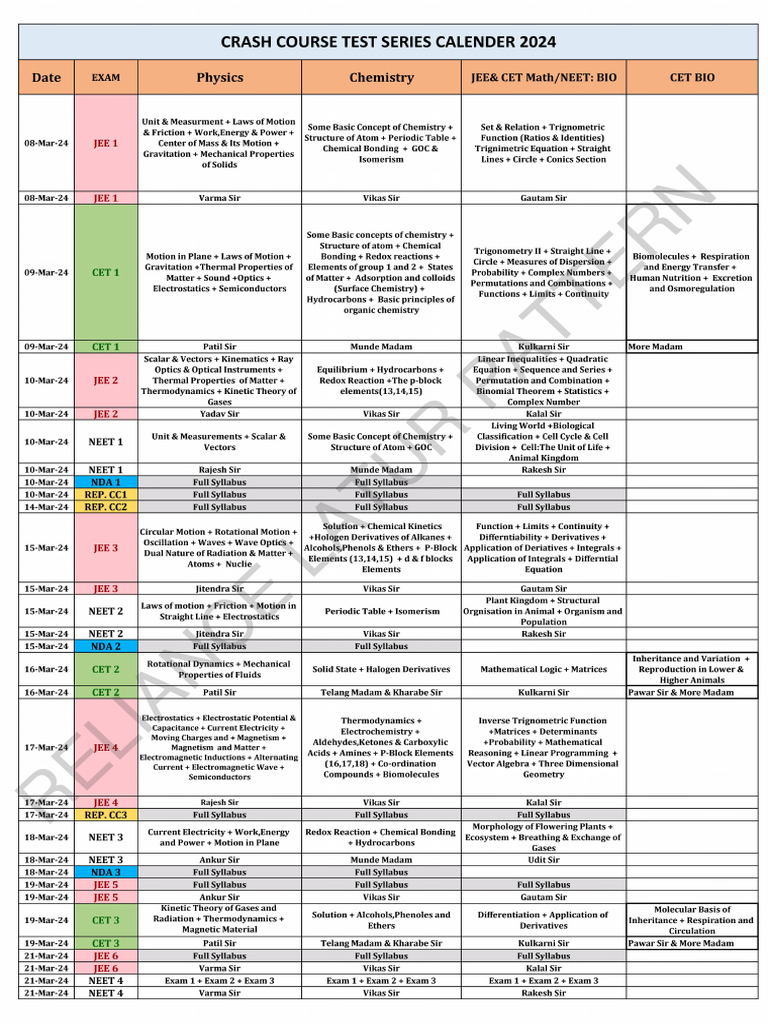 Reliance Latur Pattern Crash Course Test Series Calender 2024 | PDF