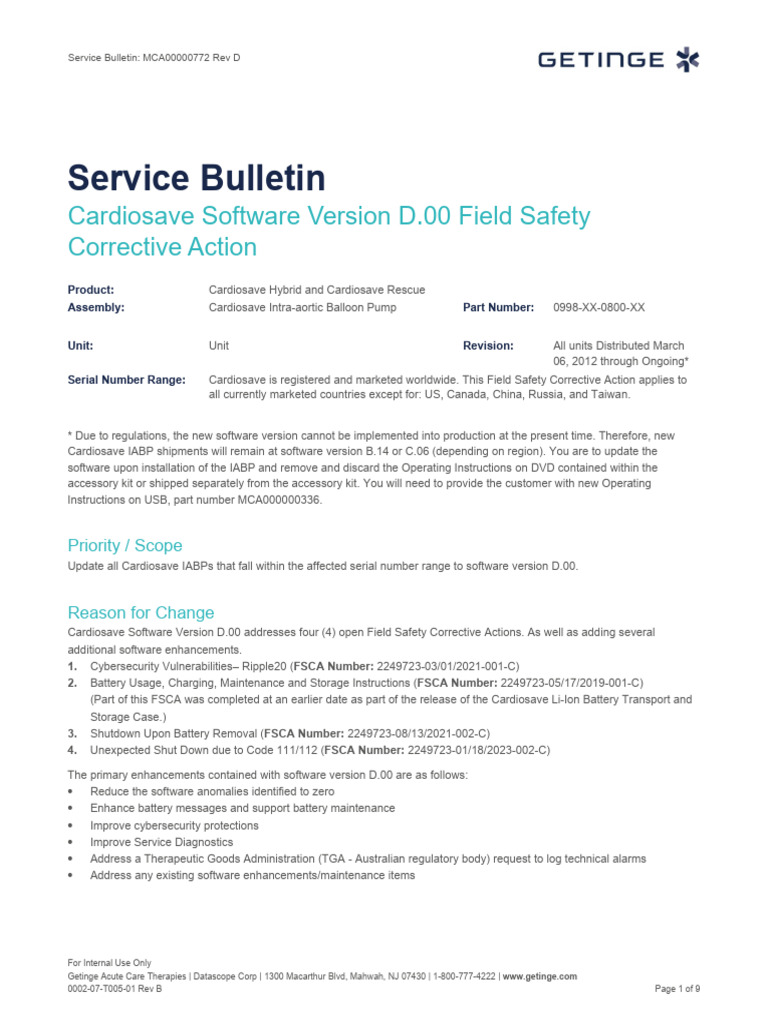 93264-Cardiosave, Cardiosave Software Version D.00 Field Safety ...