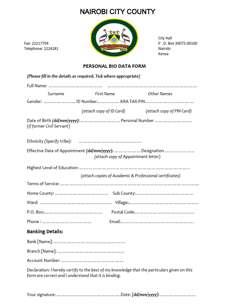 Nairobi County Bio Data Form | PDF