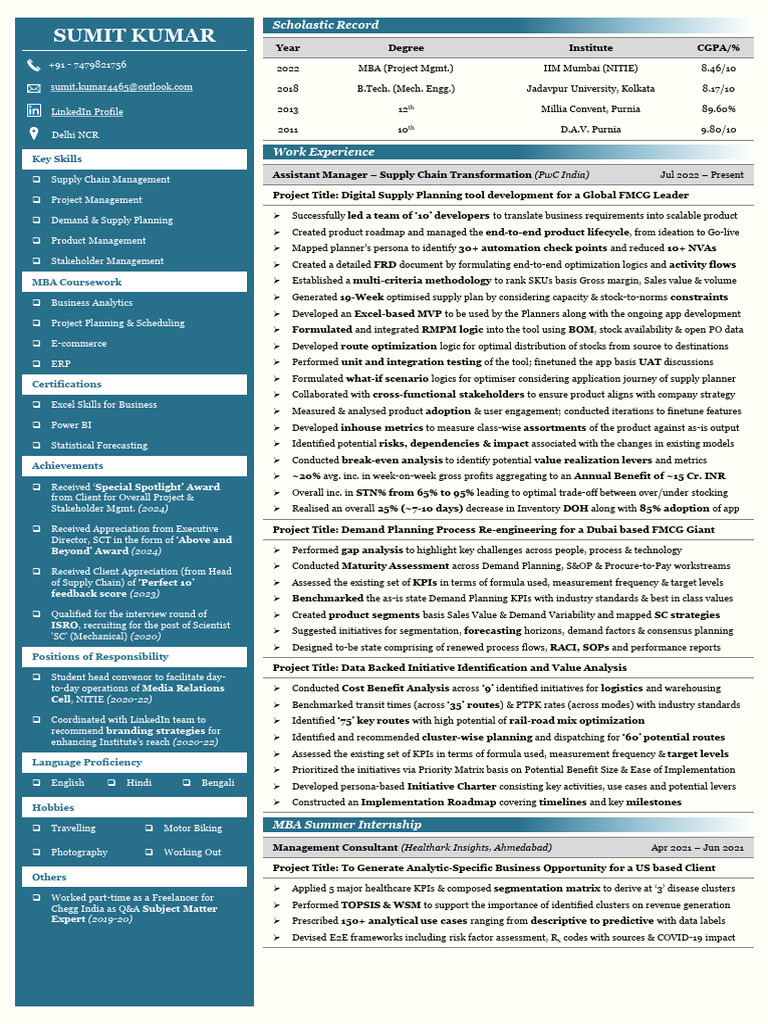 Sumit Kumar - Resume - SUMIT KUMAR | PDF | Performance Indicator | Supply Chain