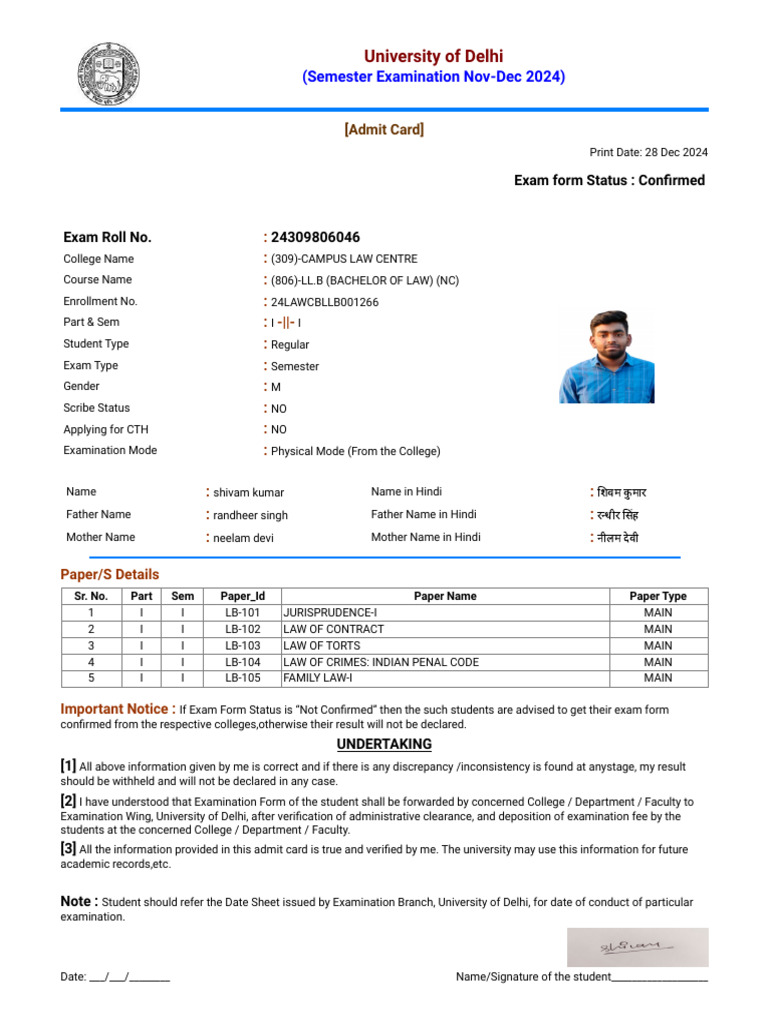 Du Exam Admit Card | PDF | Justice | Crime & Violence