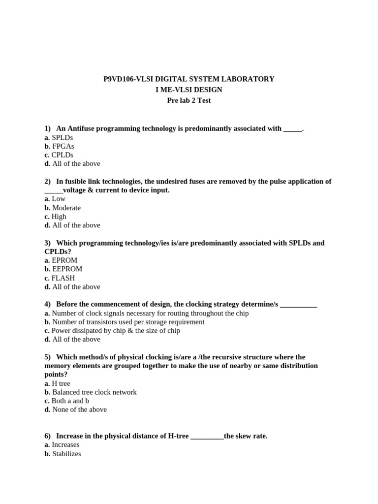 VLSI Design Laboratory Pre/Post Lab Tests | PDF | Mosfet | Integrated ...