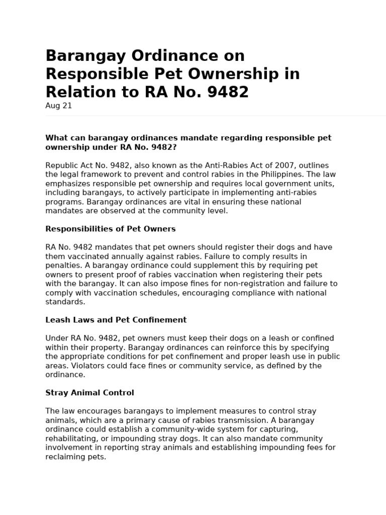 Barangay Ordinance on Responsible Pet Ownership | PDF | Pet | Leash